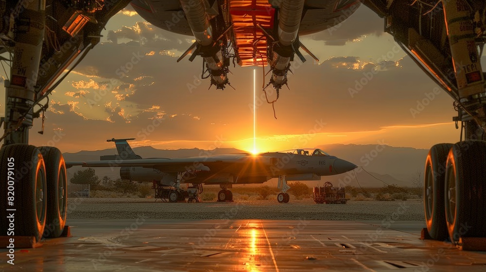 Aircraft viewed from beneath with the setting sun in the background ...