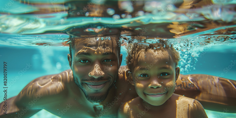 Foto de Happy black father & son swimming underwater in pool on ...