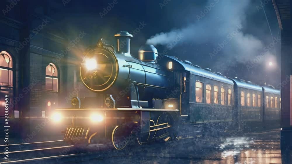 cinematic scene of a steam train at a station at night, seamless ...