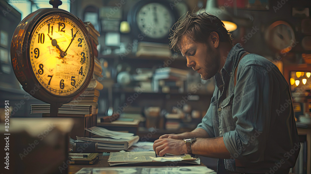 A tired man sitting at his desk surrounded by stacks of papers and ...