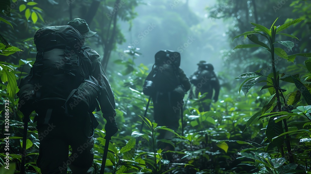Jungle trek, dense foliage, hikers with machetes, mid angle, lush ...
