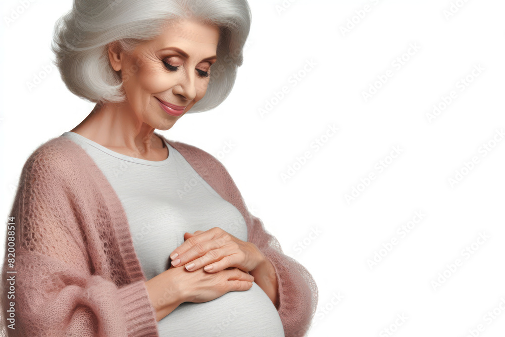Senior elder woman with silver hair gently holding her pregnant belly ...