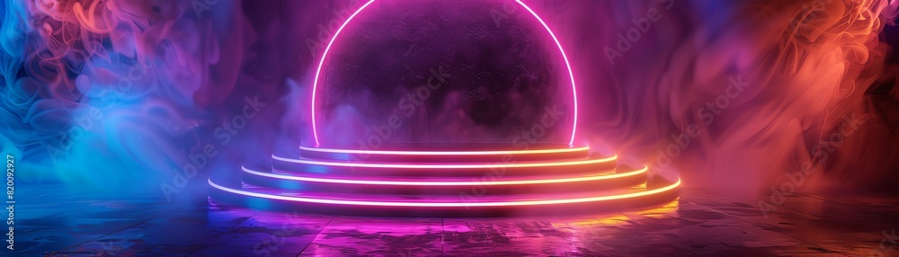 Illuminated showcase product podium with bright neon lights and ...