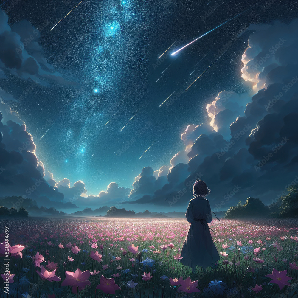 Generative AI, the Beautiful sight of a meteor shower on a beautiful ...