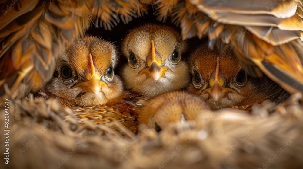Curious baby chicks peeping out from under the feathers of their mother ...