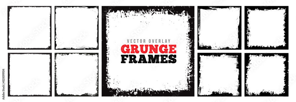 Vector grunge overlay texture frame or border set with paint brush ...