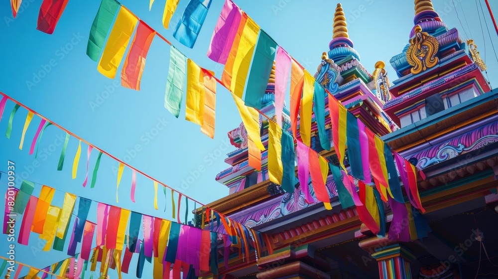 Indian temple with pride flags, cultural inclusivity, close up ...