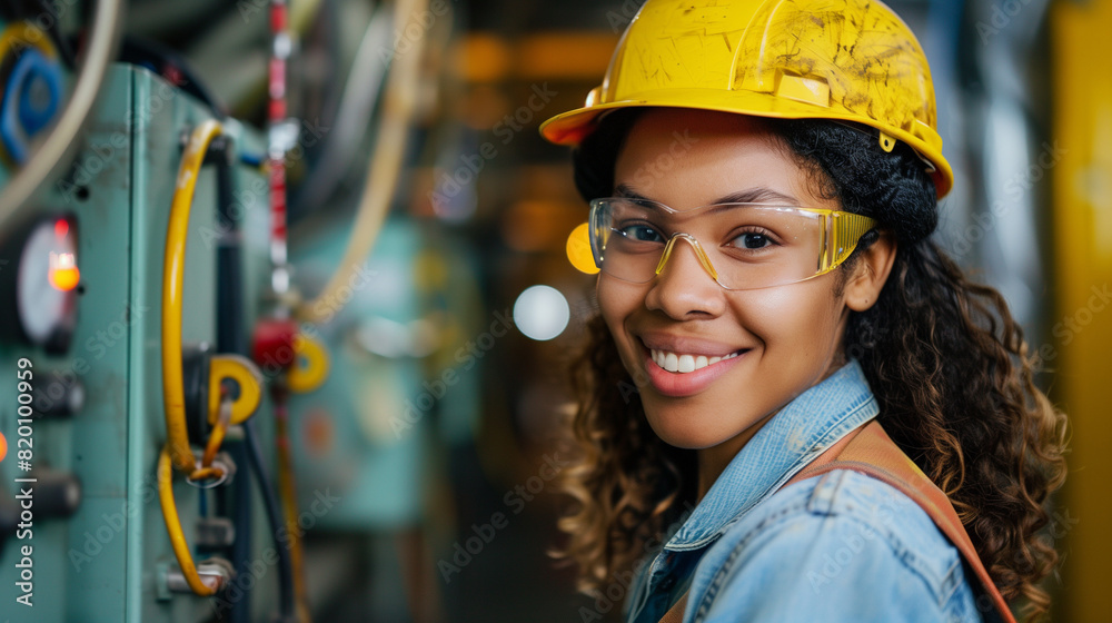 Happy mixed race black female electrician. Young girl working on ...