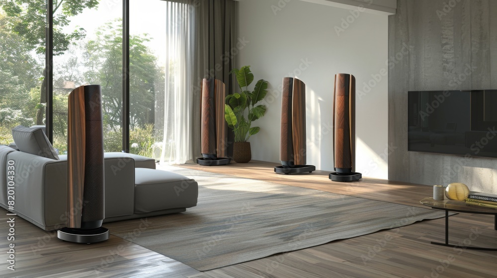 High-end floor-standing speakers in a minimalist living room, focusing ...