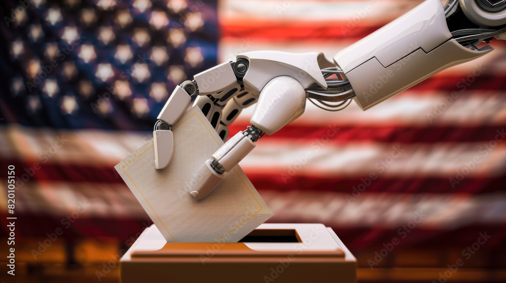 Robot hand sliding a vote ballot into an urn with an American flag ...