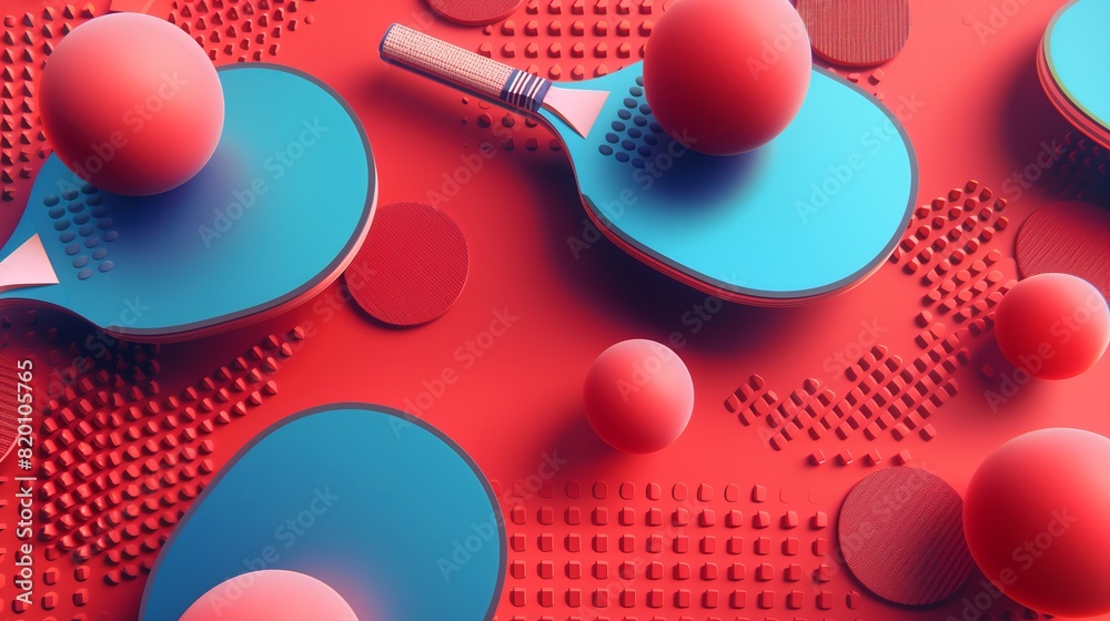 Bright red background with table tennis rackets and red balls ...
