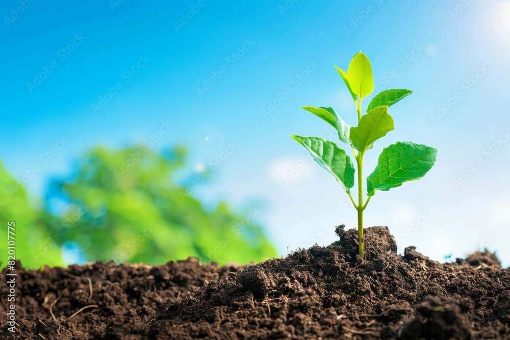 Bright green sprout emerging from fertile soil under a clear blue sky ...