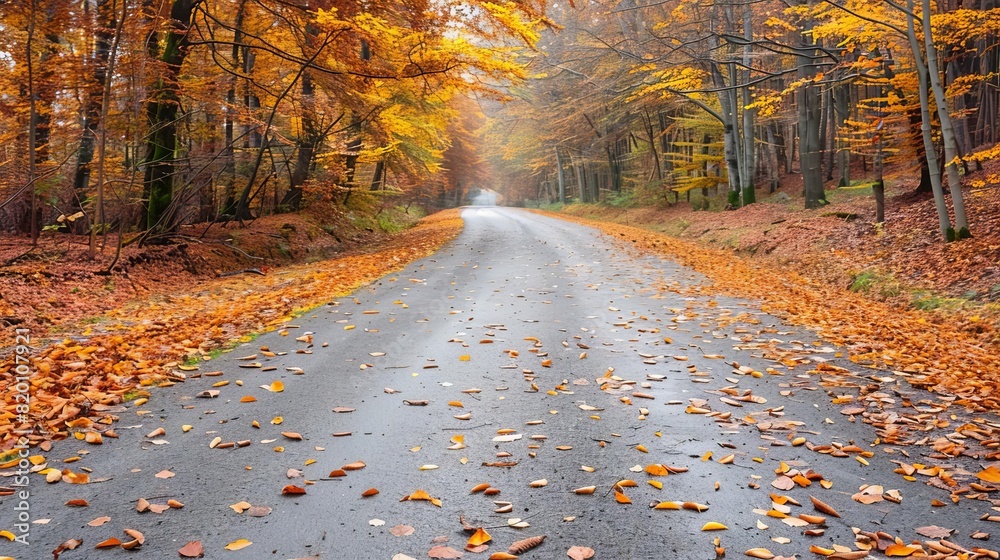 Scenic autumn road with fallen leaves and colorful trees, creating a ...
