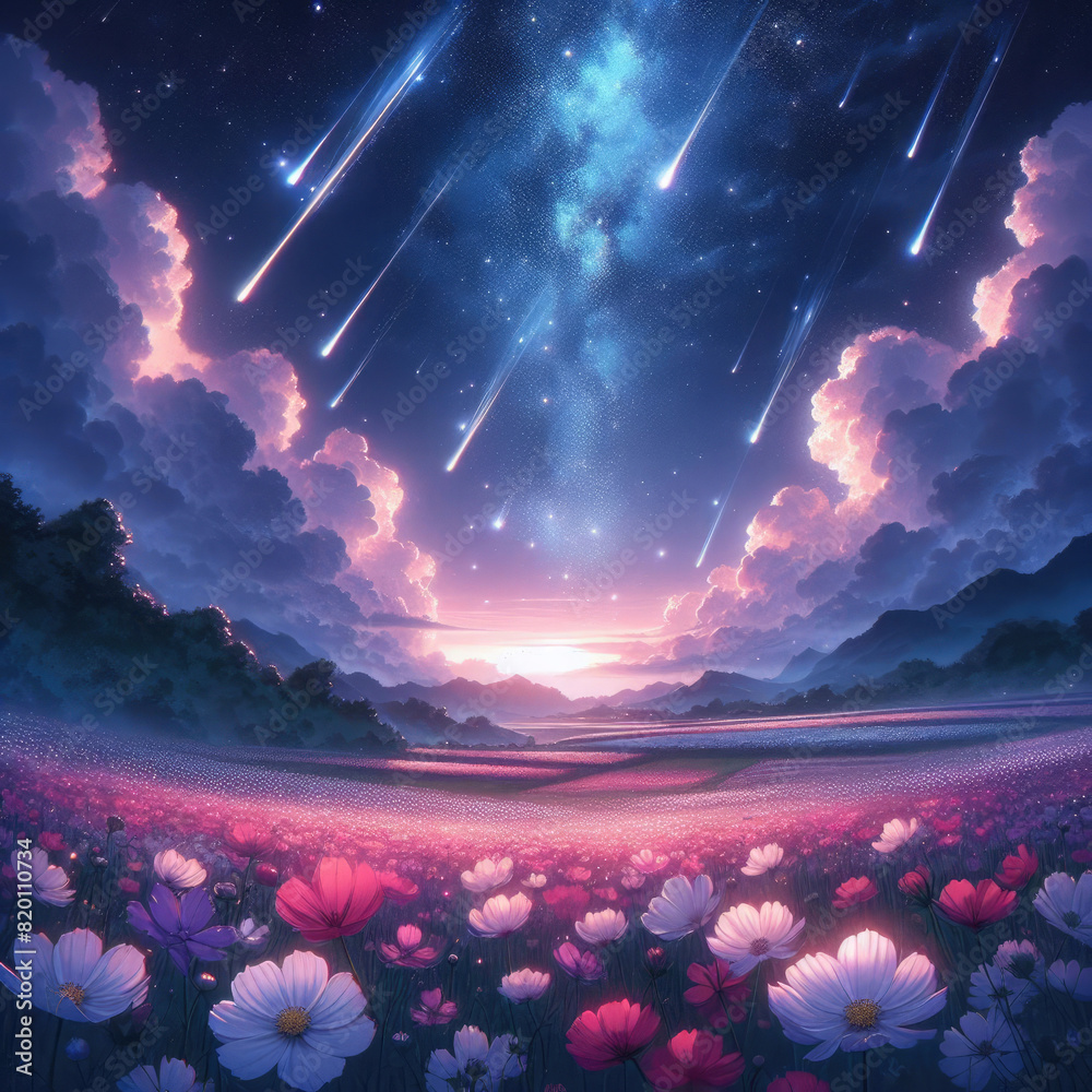 Generative AI, the Beautiful sight of a meteor shower on a beautiful ...