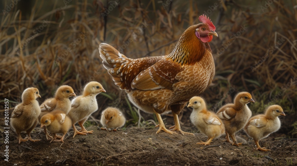 Mother hen proudly showing her chicks how to scratch and peck for food ...