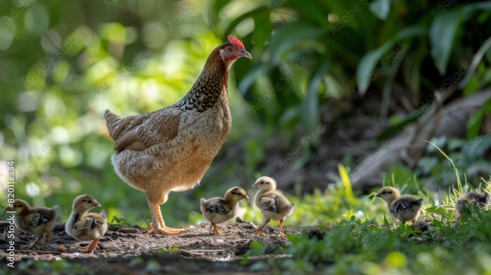 Mother hen proudly watching over her chicks as they take their first ...