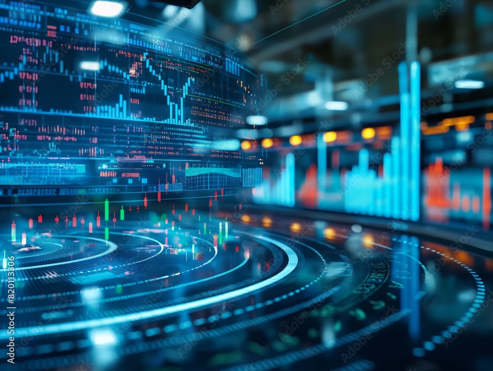 A computer screen shows a graph of stock prices. The graph is blue and ...