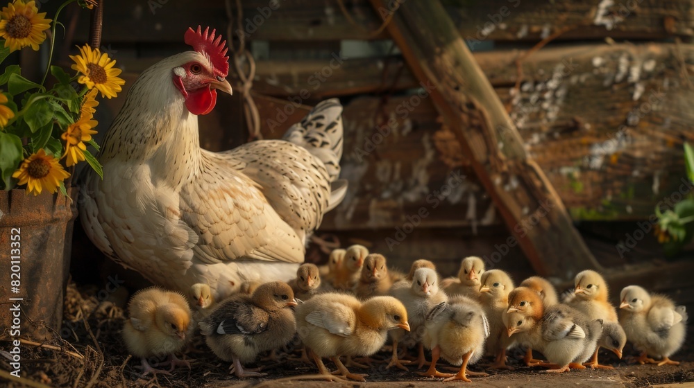 Mother hen tenderly watching over her fluffy chicks as they peck and ...