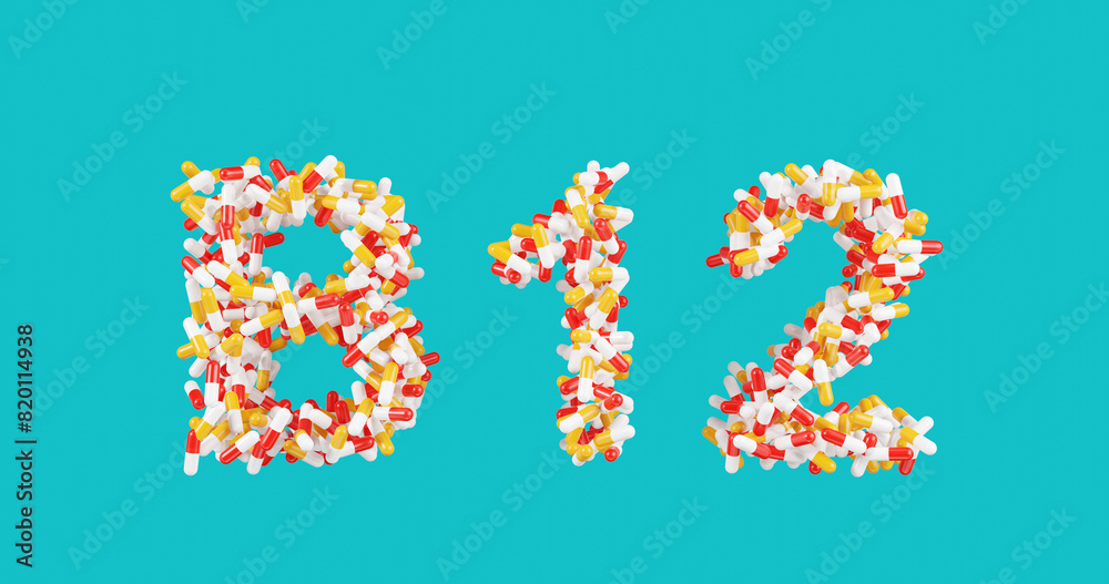 Vitamin B12, pills in a red yellow and white shell in the shape of the ...