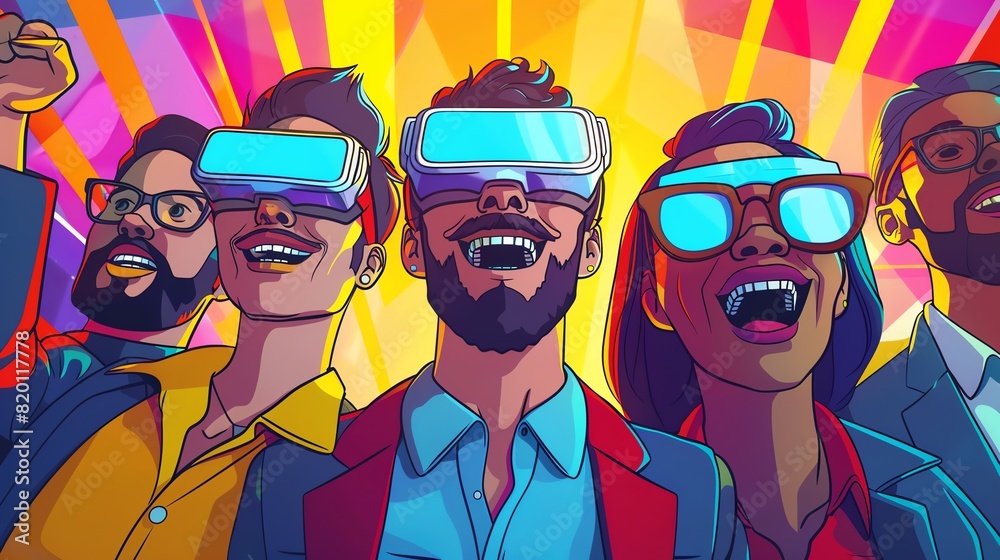 Animated team in office, success celebration, virtual reality, modern ...