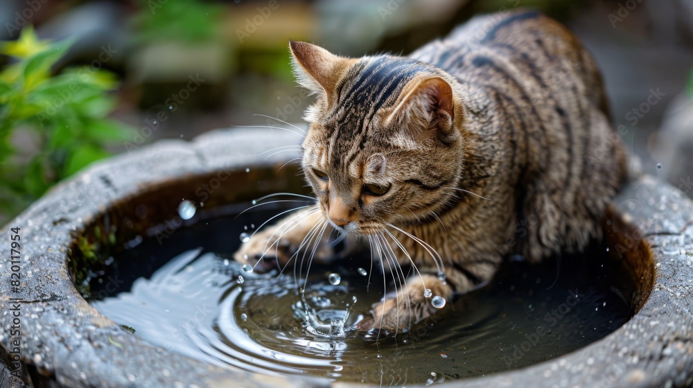 Plump feline exploring a water-filled basin, pawing at the water and ...