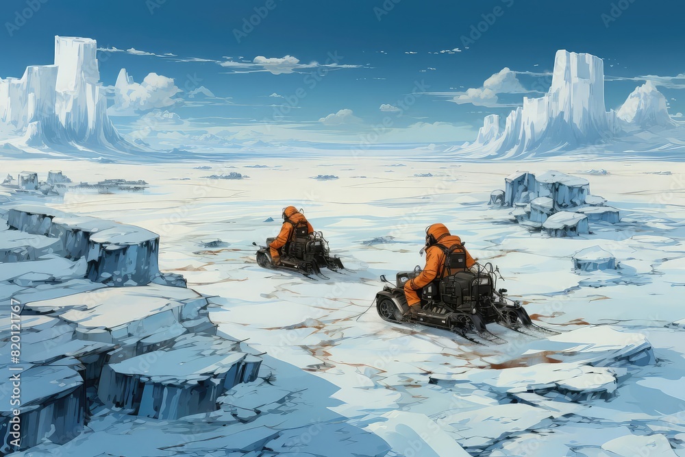 Arctic Ice Field with snowmobiles flat design top view polar transport ...