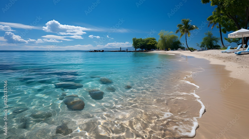 Scenic beach background: crystal clear water and soft sandy beach Stock ...