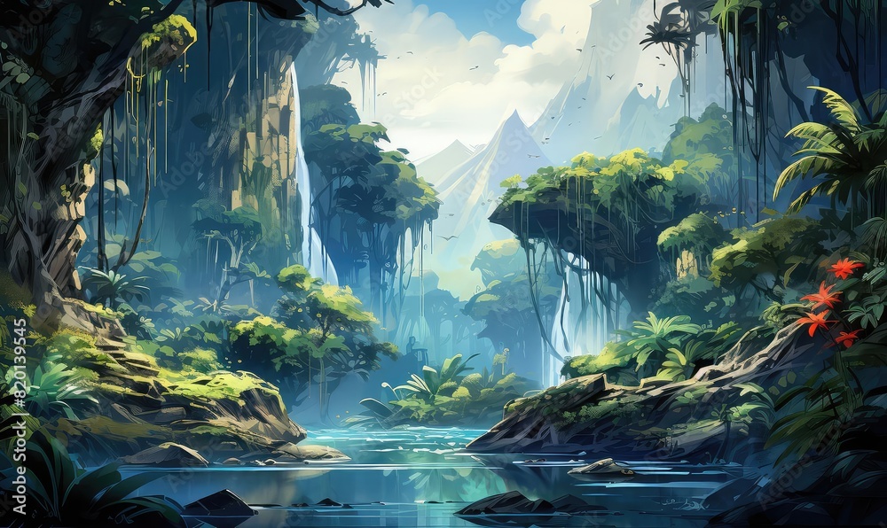 ภาพประกอบสต็อก Rainforest with waterfall flat design side view tropical ...