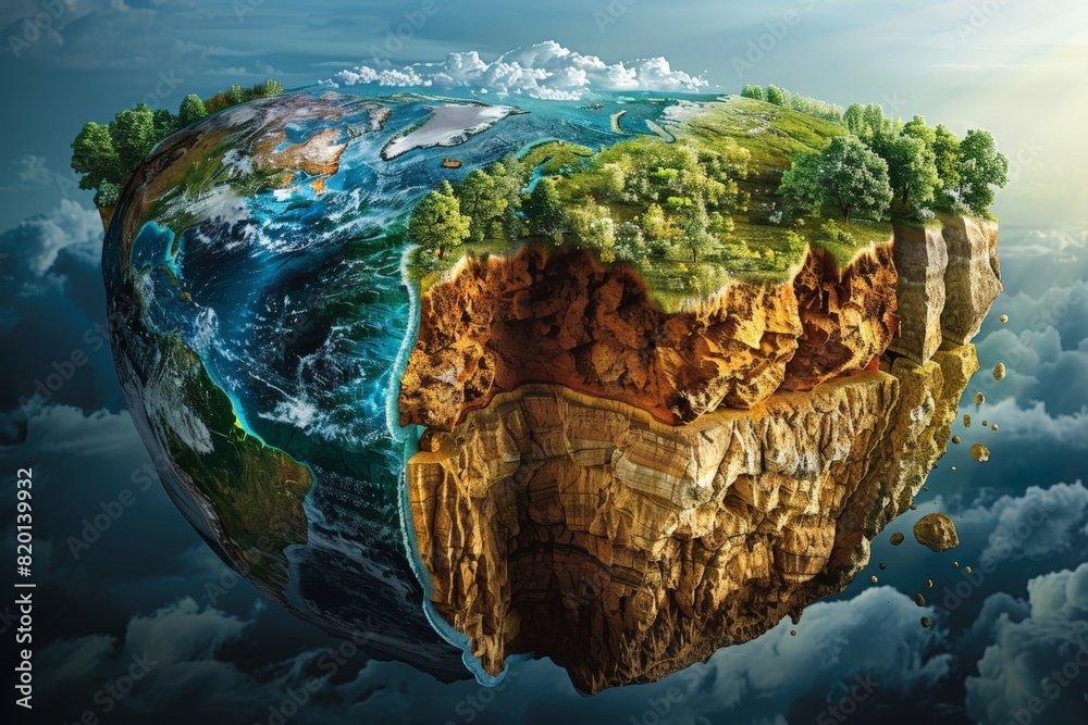 Floating earth with visible layers of land, water, and geological ...
