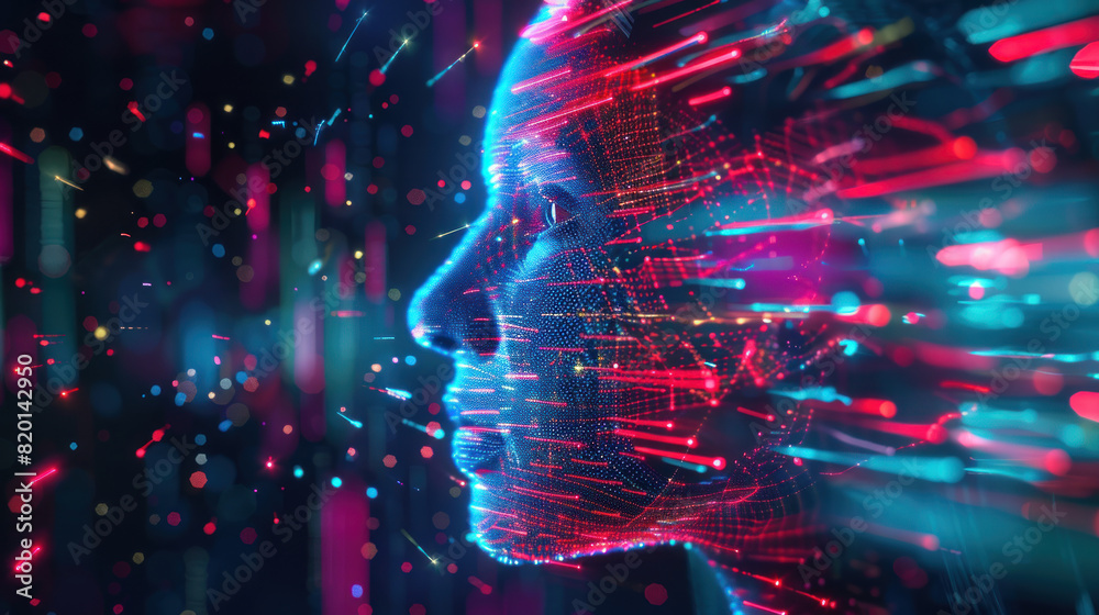 3d of human head. Futuristic concept of glowing particles forming ...