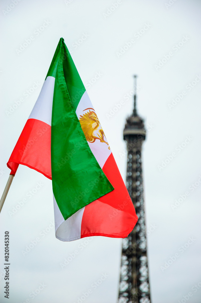 Old Iranian flag (Iran's flag under the former Shah regime) and Eiffel ...