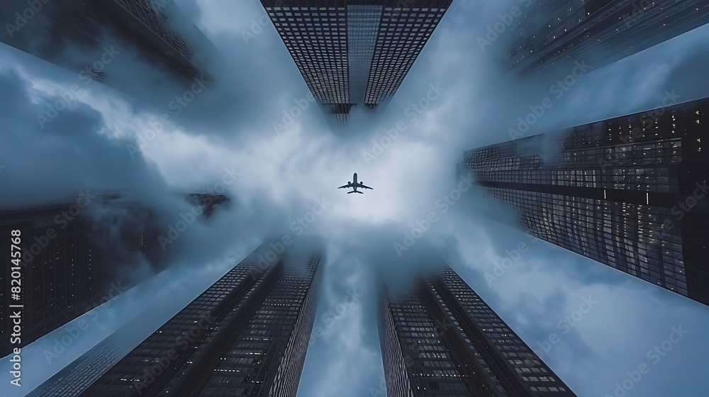 A cinematic image looking straight up at sky filled with tall black ...