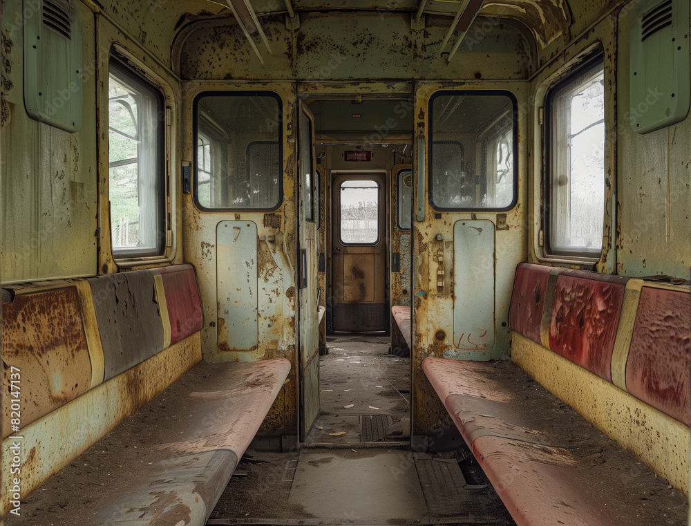 The interior of an abandoned train carriage, worn out and rusted, with ...
