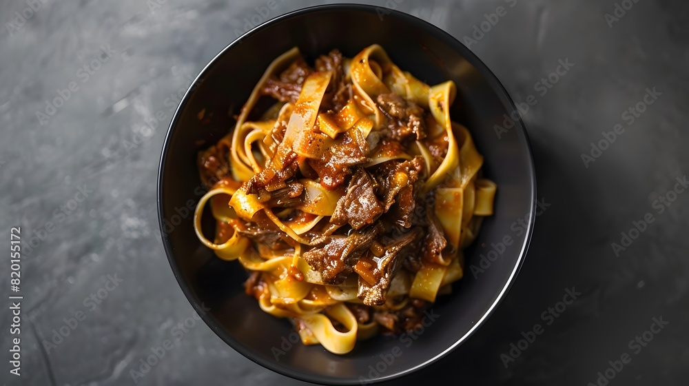 Top-down view of black bowl filled with fettuccine pasta, slow-cooked ...