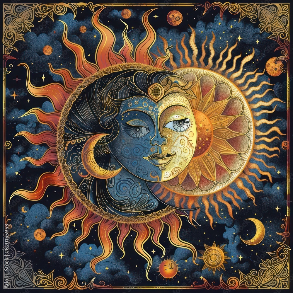 Mandala Sun and Moon Intricate D Cartoon of Spiritual Symbols in ...