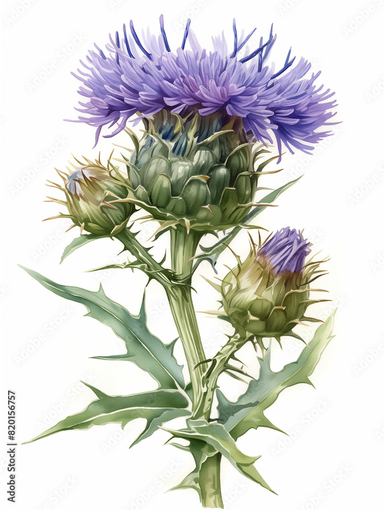 Thistle flower isolated on white background, realistic botanical ...