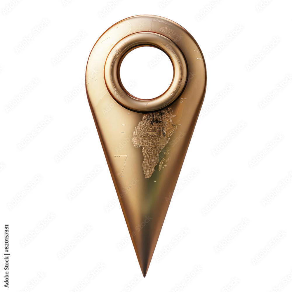 Golden Map pin marker with laser forged world map isolated on ...