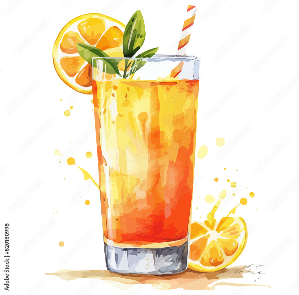 Watercolor drawing vector of a juice in glass, isolated on a white ...