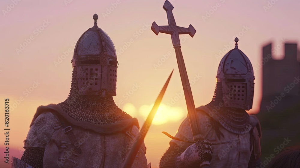 Armed battle group of medieval knights standing in metal armor and ...