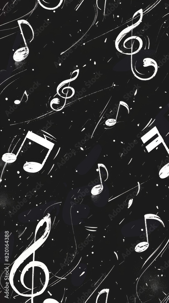 Many musical notes that are flying in the air. White line drawing ...