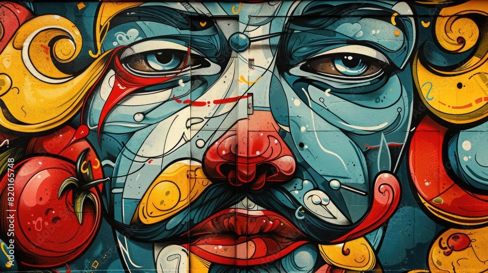 A graffiti of a man's face, the face is divided into four quadrants ...