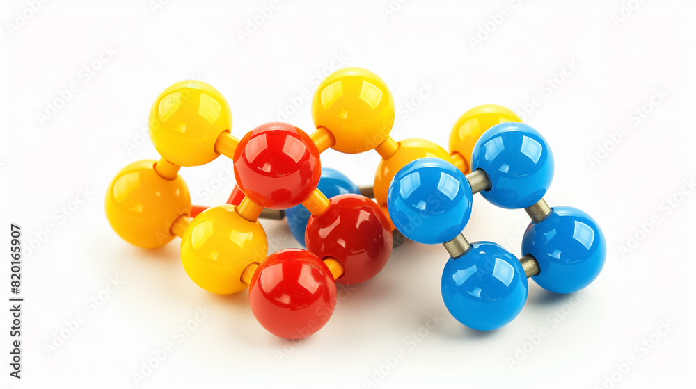 Colorful molecular models with red, blue, and yellow spheres connected ...