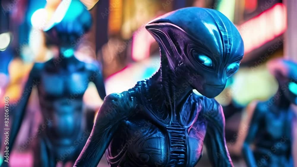 Sci-fi alien group in a neon-lit night city. Alien figures in a ...