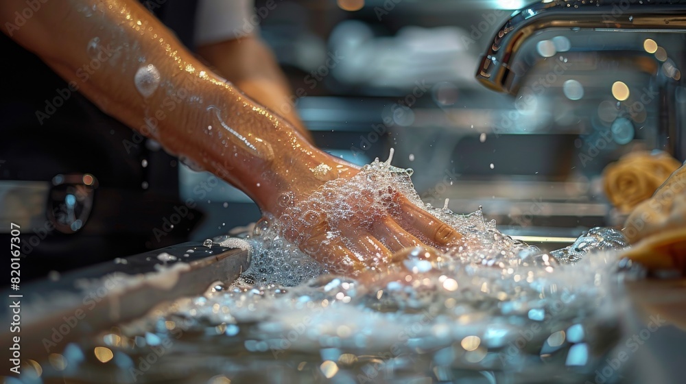 Close-up of hands washing dishes in a kitchen sink with running water ...