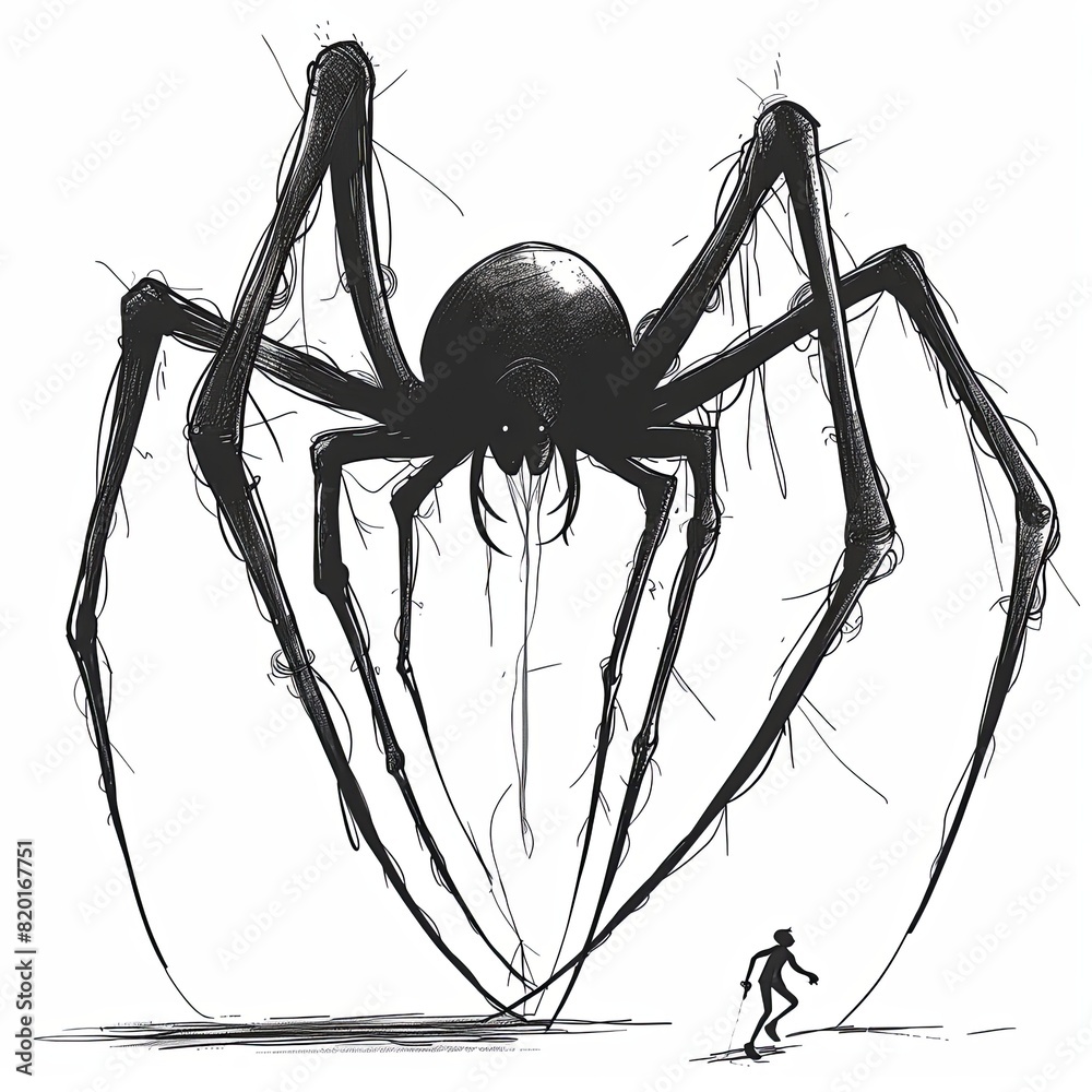 The black-and-white drawing shows a scary giant spider from which a man ...