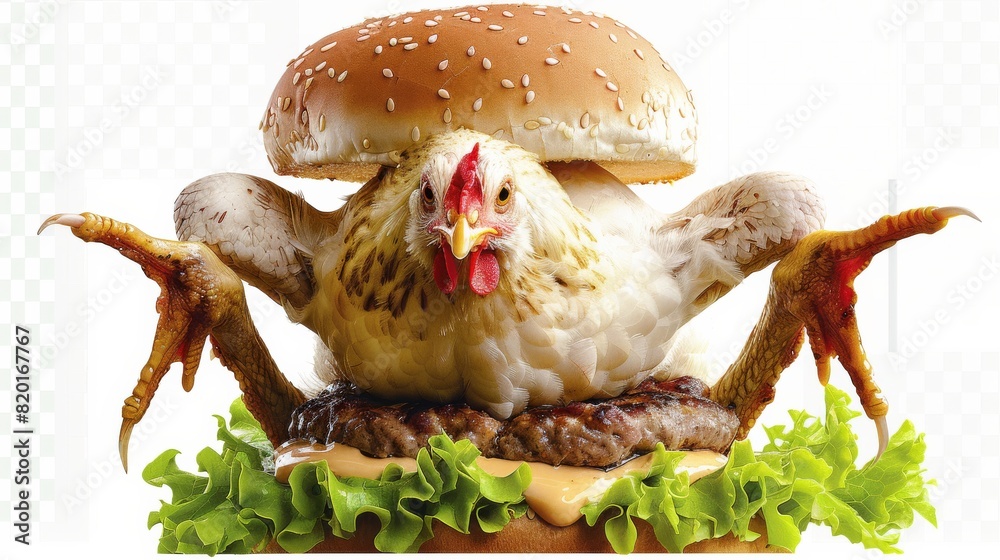 An adult white broiler chicken inside an enormous hamburger with a ...