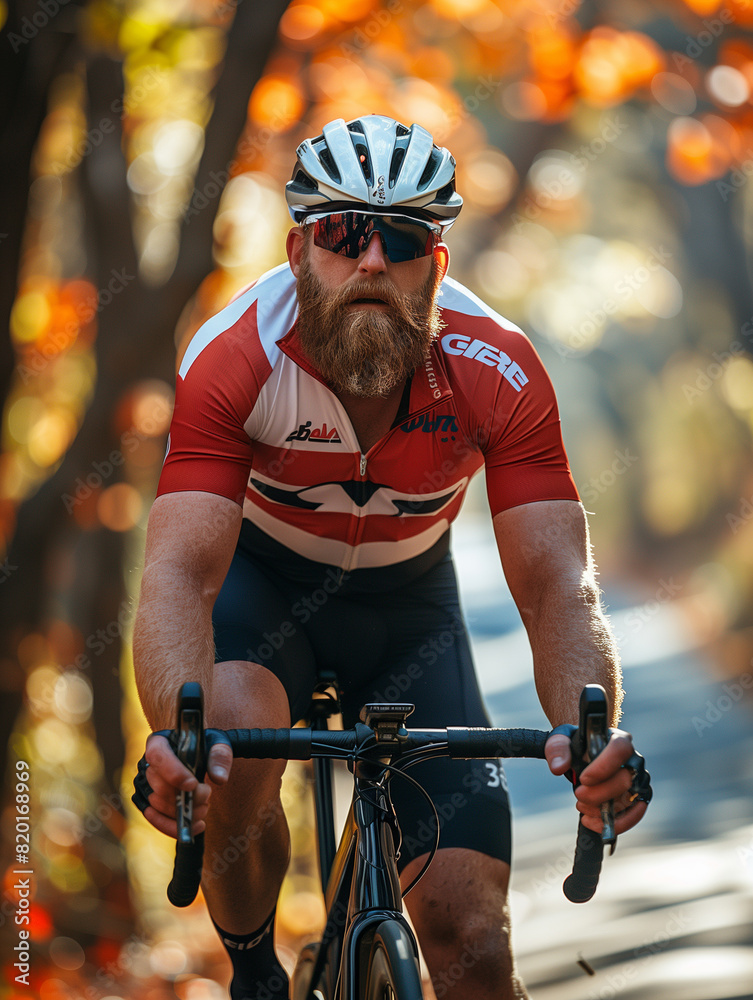 Slightly overweight male cyclist with intense focus riding a road bike ...
