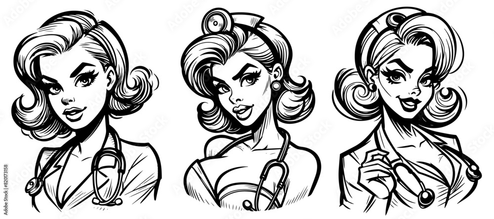 Nurse Pin Up Girl In Hospital Illustration Adorable Beautiful Pinup Doctor Woman Model Comic