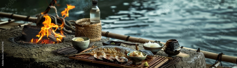 A quaint setup of a Japanese fisherman s meal with grilled ayu fish ...