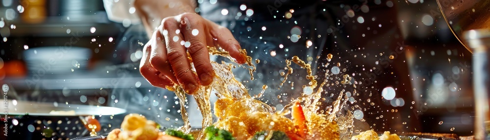 An action shot of a tempura chef dipping vegetables and seafood into ...